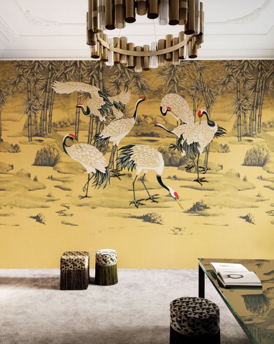 TABI papier peint oiseaux grues style estampe japonaise sur mesure ...